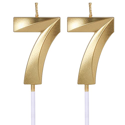 Gold 77th Birthday Candles for Cakes, Number 77 Candle Cake Topper for Party Anniversary Wedding Celebration Decoration