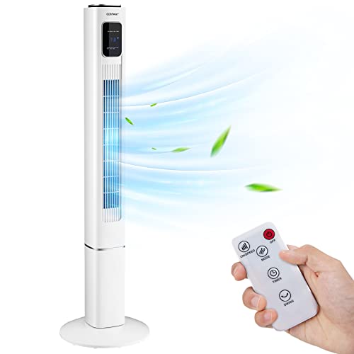 COSTWAY Tower Fan with Remote Control, 48-Inch Height Standing Floor Fan with 80˚ Oscillating, 15H Timer, 3 Modes & 3 Speeds, Portable Quiet Bladeless Fan for Bedroom Living Room Office, White