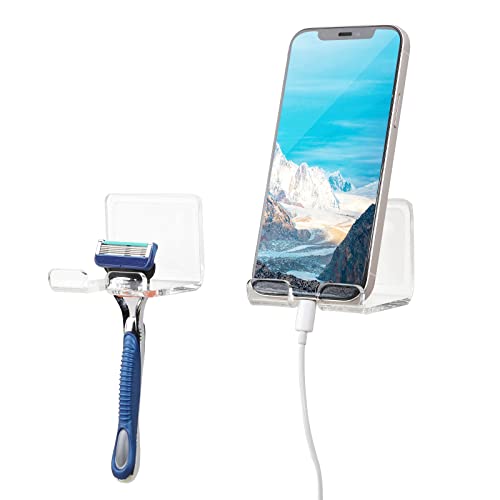 Bathroom Phone Holder Shaver Hanger, Acrylic Self Adhesive Shower Rack for Cell Phone, Shaver, Bathroom Kitchen Storage, Robe, Towel, Loofah, Bathrobe, Coat