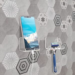 Bathroom Phone Holder Shaver Hanger, Acrylic Self Adhesive Shower Rack for Cell Phone, Shaver, Bathroom Kitchen Storage, Robe, Towel, Loofah, Bathrobe, Coat