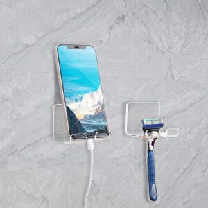 Bathroom Phone Holder Shaver Hanger, Acrylic Self Adhesive Shower Rack for Cell Phone, Shaver, Bathroom Kitchen Storage, Robe, Towel, Loofah, Bathrobe, Coat