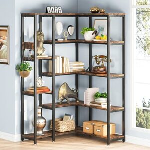 tiyase 5-shelf corner bookshelf, modern large corner etagere bookcase, 5-tier tall corner shelf display storage rack with metal frame for living room home office, rustic brown