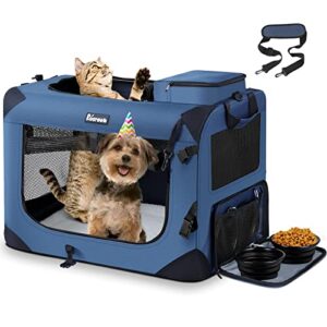 reerooh large cat carrier 24"x17"x17", soft dog crate with 2 bowls, collapsible travel pet carrier bag for cats dogs puppies kittens (navy)