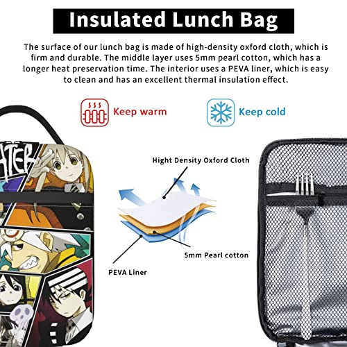 Anime Lunch Bag Soul Eater Pattern Waterproof Lunch Boxes Insulated Tote Meal Box Reusable Lunch Bags, Black, One Size