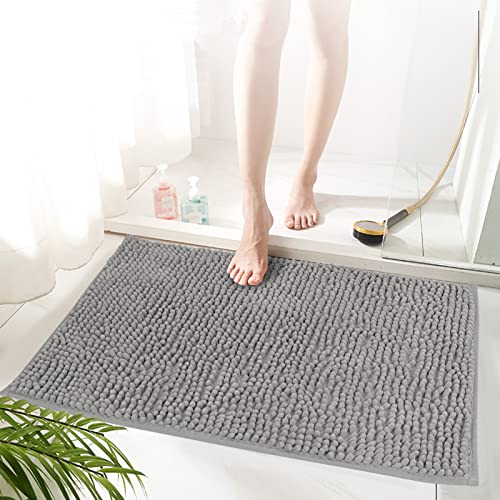 FYY Bathroom Rug, Non-Slip Bath Mat for Bathroom, Extra Absorbent Soft Plush Chenille Bath Rug Carpet for Bathtub/Shower Room/Bathroom Floor, Machine Washable & Quick Dry (Short Grey, 16x24 inches)