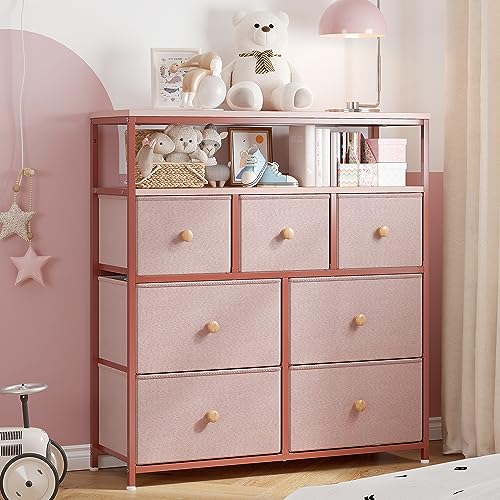 EnHomee Pink Dresser, Dresser for Bedroom with 7 Drawers, Chests of Drawers & Fabric Dresser for Girls Bedroom with Wood Top and Metal Frame, Nursery Dresser for Living Room, Closet, Entryway