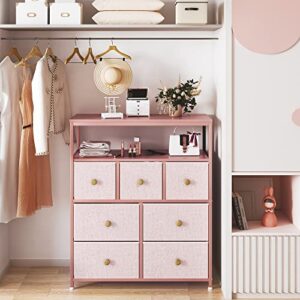 EnHomee Pink Dresser, Dresser for Bedroom with 7 Drawers, Chests of Drawers & Fabric Dresser for Girls Bedroom with Wood Top and Metal Frame, Nursery Dresser for Living Room, Closet, Entryway