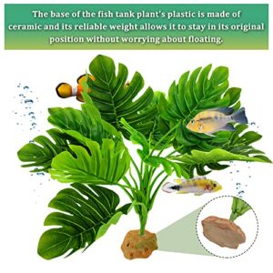 WishLotus Fish Tank Plant Decoration, Artificial Plastic Plant Leaves with Sturdy Ceramic Base, Aquarium Landscape Plant Ornament for Fish Tank/Aquarium Decoration, Betta Rest Hiding Leaves (Green)