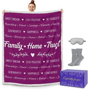 simoras positive words blanket with sleep mask, socks and gift box - family home trust comfort blanket gift set for christmas, birthday - positive energy throw blankets for women - purple, 60"x50"