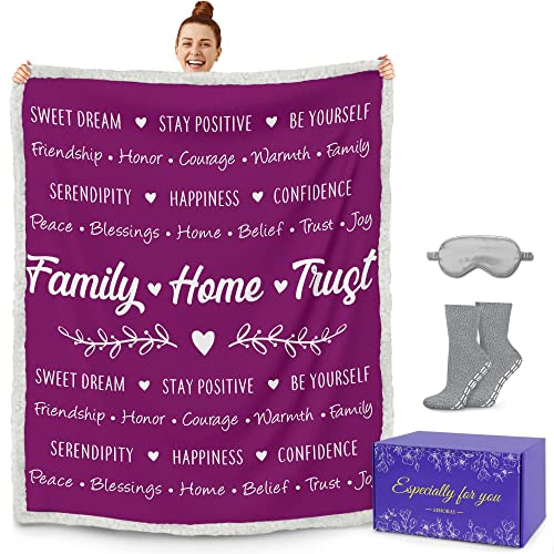 SIMORAS Positive Words Blanket with Sleep Mask, Socks and Gift Box - Family Home Trust Comfort Blanket Gift Set for Christmas, Birthday - Positive Energy Throw Blankets for Women - Purple, 60"x50"