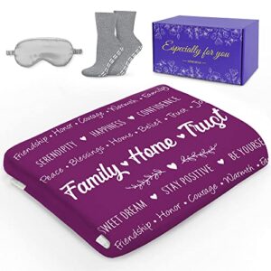 SIMORAS Positive Words Blanket with Sleep Mask, Socks and Gift Box - Family Home Trust Comfort Blanket Gift Set for Christmas, Birthday - Positive Energy Throw Blankets for Women - Purple, 60"x50"