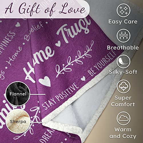 SIMORAS Positive Words Blanket with Sleep Mask, Socks and Gift Box - Family Home Trust Comfort Blanket Gift Set for Christmas, Birthday - Positive Energy Throw Blankets for Women - Purple, 60"x50"