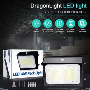 DragonLight 80W LED Wall Pack Light with Dusk-to-Dawn Photocell, IP65 Waterproof Security Flood Lights Outdoor, 5000K Daylight 10,800LM Super Bright 100-277V for Commercial Street & Area Lighting