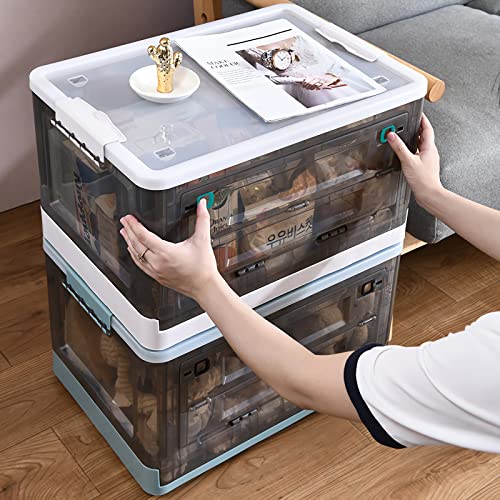 whale pocket Large Clear Plastic Storage Box with Lid Wheels Collapsible Storage Bins with Double Doors Stackable Folding Container Organizer Cube for Home Office Closet (White)