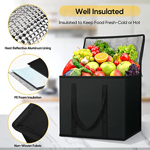 BALEINE 2Pk Insulated Reusable Grocery Bags, Collapsible Cooler Bag for Groceries, Heavy Duty Large Insulated Bag (Large, Charcoal Black)