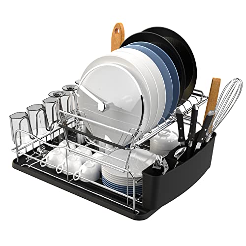 ETRENDS Dish Drying Rack Expandable Dish Racks for Kitchen Counter, 2-Tier Large Capacity Dish Rack Kitchen Sink Rust Proof Dish Drainer Drainboard Set with Utensil Holder(Stainless Steel)