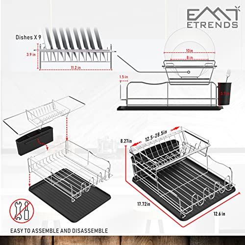 ETRENDS Dish Drying Rack Expandable Dish Racks for Kitchen Counter, 2-Tier Large Capacity Dish Rack Kitchen Sink Rust Proof Dish Drainer Drainboard Set with Utensil Holder(Stainless Steel)