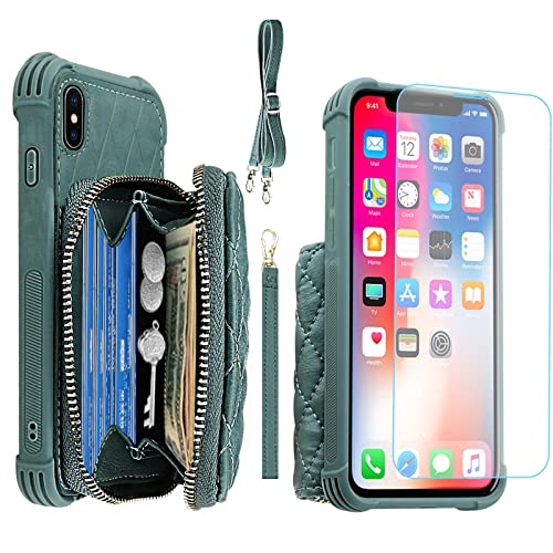 MONASAY Zipper Wallet Case for iPhone X/XS,[Glass Screen Protector ][RFID Blocking] Flip Leather Handbag Phone Cover with Card Holder & Detachable Crossbody Shoulder Lanyard Strap, Light Green