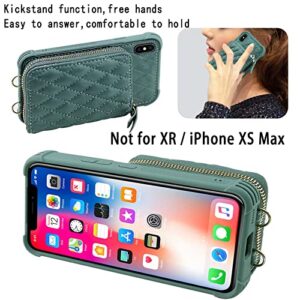 MONASAY Zipper Wallet Case for iPhone X/XS,[Glass Screen Protector ][RFID Blocking] Flip Leather Handbag Phone Cover with Card Holder & Detachable Crossbody Shoulder Lanyard Strap, Light Green