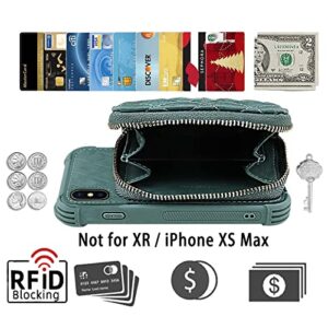 MONASAY Zipper Wallet Case for iPhone X/XS,[Glass Screen Protector ][RFID Blocking] Flip Leather Handbag Phone Cover with Card Holder & Detachable Crossbody Shoulder Lanyard Strap, Light Green