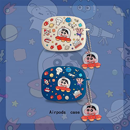 Soft TPU Cartoon Case with Charm for Apple AirPods Pro AirPodsPro 2019 Model Crayon Shin-chan Blue Color Outer Space Japanese Anime Cute Lovely Adorable Girls Kids Women