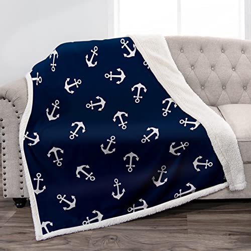 Jekeno Nautical Blanket Anchor Sherpa Throw Blanket Sea Adventure Soft Warm Cozy Ocean Theme Plush Blanket Navy Blue 50"X60"