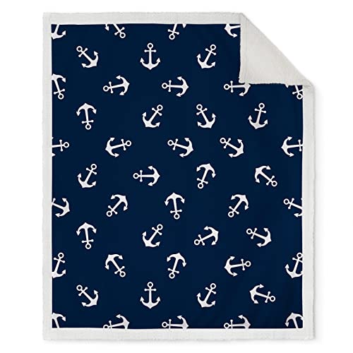 Jekeno Nautical Blanket Anchor Sherpa Throw Blanket Sea Adventure Soft Warm Cozy Ocean Theme Plush Blanket Navy Blue 50"X60"