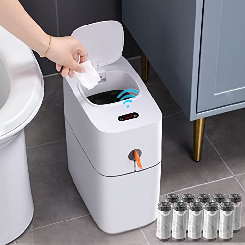 MOPUP Touchless Bathroom Trash Can,4 Gallon Waterproof Small Bedroom Garbage Can, Plastic Slim Motion Sensor Narrow Trash Bin for Bedroom,Office,RV (White)