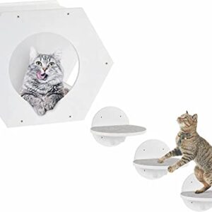 Cat House Wall Mount, Cat Shelves and Perches for Wall Fit Cat Up to 10Lbs, Cat Wall Shelves with 3 Wall Steps and Scratching Pad, Cat Hammock Wall Mount, White