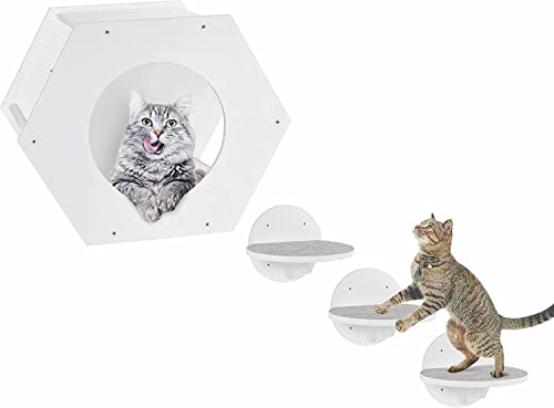 Cat House Wall Mount, Cat Shelves and Perches for Wall Fit Cat Up to 10Lbs, Cat Wall Shelves with 3 Wall Steps and Scratching Pad, Cat Hammock Wall Mount, White