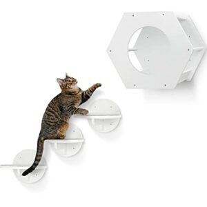 Cat House Wall Mount, Cat Shelves and Perches for Wall Fit Cat Up to 10Lbs, Cat Wall Shelves with 3 Wall Steps and Scratching Pad, Cat Hammock Wall Mount, White