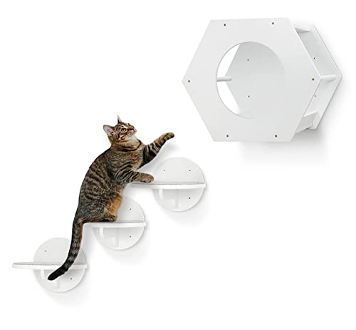 Cat House Wall Mount, Cat Shelves and Perches for Wall Fit Cat Up to 10Lbs, Cat Wall Shelves with 3 Wall Steps and Scratching Pad, Cat Hammock Wall Mount, White