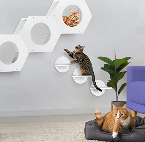 Cat House Wall Mount, Cat Shelves and Perches for Wall Fit Cat Up to 10Lbs, Cat Wall Shelves with 3 Wall Steps and Scratching Pad, Cat Hammock Wall Mount, White