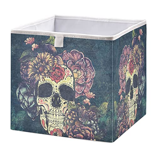 Floral Sugar Skull Collapsible Fabric Storage Cubes Bins with Handles Square Closet Organizer Waterproof Lining for Home Office Bedroom 11.02x11.02x11.02 Inches