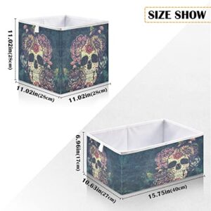 Floral Sugar Skull Collapsible Fabric Storage Cubes Bins with Handles Square Closet Organizer Waterproof Lining for Home Office Bedroom 11.02x11.02x11.02 Inches