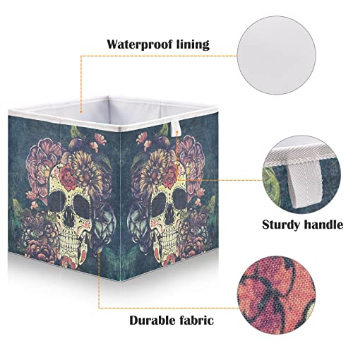 Floral Sugar Skull Collapsible Fabric Storage Cubes Bins with Handles Square Closet Organizer Waterproof Lining for Home Office Bedroom 11.02x11.02x11.02 Inches