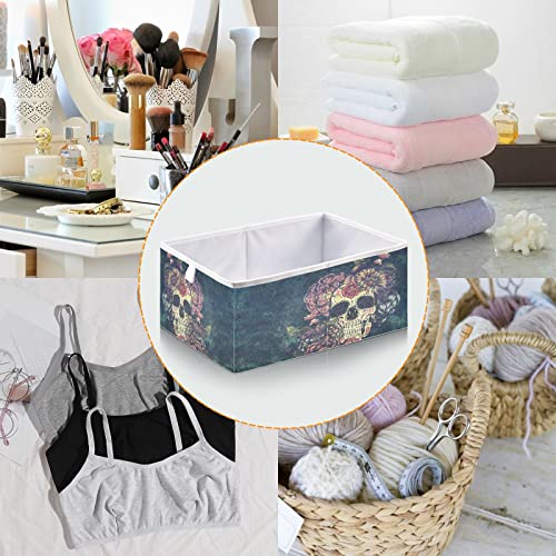 Floral Sugar Skull Collapsible Fabric Storage Cubes Bins with Handles Square Closet Organizer Waterproof Lining for Home Office Bedroom 11.02x11.02x11.02 Inches