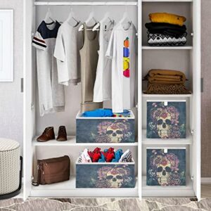 Floral Sugar Skull Collapsible Fabric Storage Cubes Bins with Handles Square Closet Organizer Waterproof Lining for Home Office Bedroom 11.02x11.02x11.02 Inches