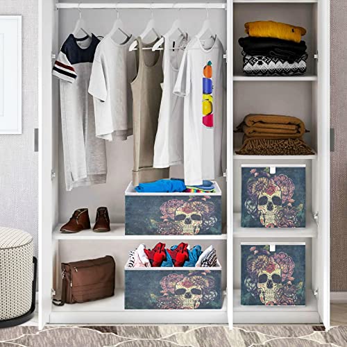 Floral Sugar Skull Collapsible Fabric Storage Cubes Bins with Handles Square Closet Organizer Waterproof Lining for Home Office Bedroom 11.02x11.02x11.02 Inches