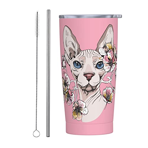 Sphynx Cat With Cherry Flowers Stainless Steel Tumbler With Lid And Straw 20oz Insulated Coffee Mug & Tea Cup Travel Coffee Mug Car Thermos Cup