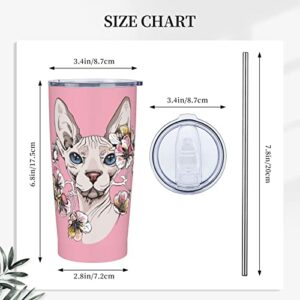 Sphynx Cat With Cherry Flowers Stainless Steel Tumbler With Lid And Straw 20oz Insulated Coffee Mug & Tea Cup Travel Coffee Mug Car Thermos Cup