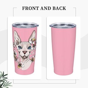 Sphynx Cat With Cherry Flowers Stainless Steel Tumbler With Lid And Straw 20oz Insulated Coffee Mug & Tea Cup Travel Coffee Mug Car Thermos Cup