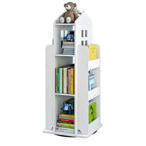 mopam 360° rotating house bookshelf 3-tier floor standing revolving house bookcase book storage shelf organizer for home office decor, white