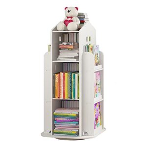 mopam 360° Rotating House Bookshelf 3-Tier Floor Standing Revolving House Bookcase Book Storage Shelf Organizer for Home Office Decor, White