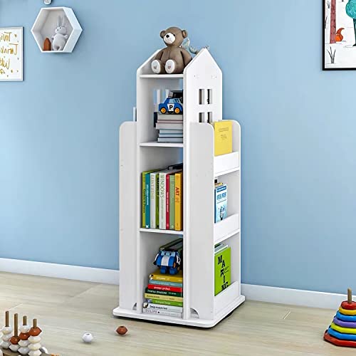 mopam 360° Rotating House Bookshelf 3-Tier Floor Standing Revolving House Bookcase Book Storage Shelf Organizer for Home Office Decor, White