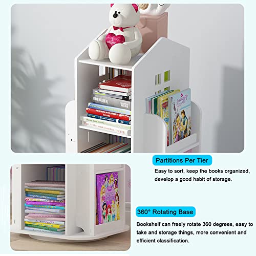 mopam 360° Rotating House Bookshelf 3-Tier Floor Standing Revolving House Bookcase Book Storage Shelf Organizer for Home Office Decor, White