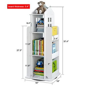 mopam 360° Rotating House Bookshelf 3-Tier Floor Standing Revolving House Bookcase Book Storage Shelf Organizer for Home Office Decor, White