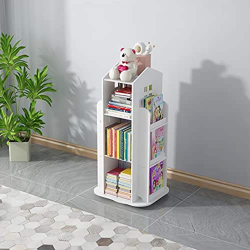 mopam 360° Rotating House Bookshelf 3-Tier Floor Standing Revolving House Bookcase Book Storage Shelf Organizer for Home Office Decor, White