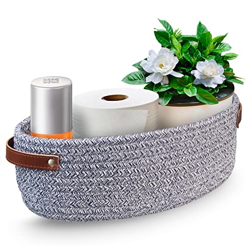 AmapleL Toilet Basket Tank Topper, Small Cotton Rope Woven Basket, Toilet Paper Basket with Handles, Storage Basket for Bathroom, 13"x5.9"x4" Blue