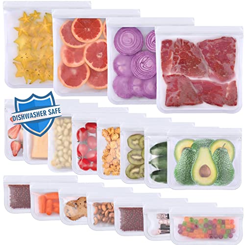 18 Pack Dishwasher Safe Reusable Food Bags, Leakproof Reusable Freezer Bags with PEVA and Silicone Material for Lunch Food Marinate Travel (White) - 4 Gallon 7 Sandwich 7 Snack Bags